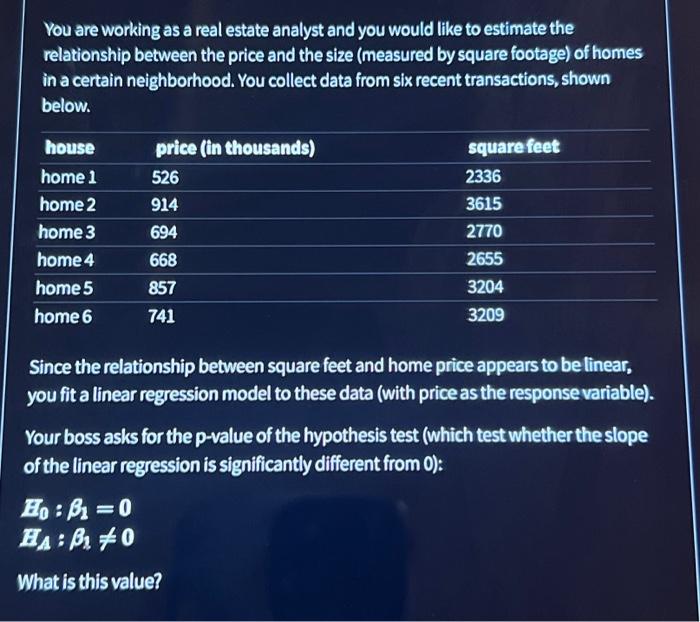 Solved You are working as a real estate analyst and you | Chegg.com