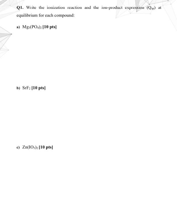 Solved Q1. Write the ionization reaction and the ion-product | Chegg.com