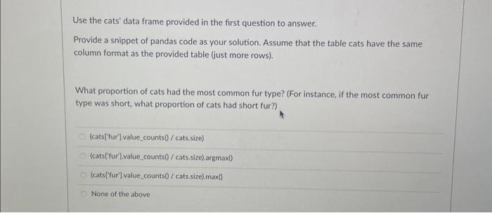 Solved The pandas DataFrame cats contain details on the | Chegg.com