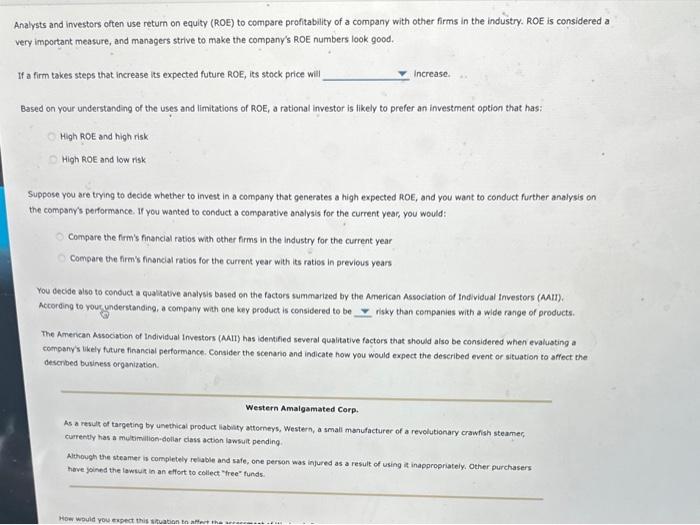 Solved High ROE and high risk High ROE and low risk we you | Chegg.com