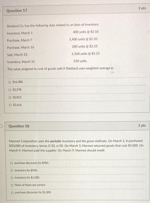 Solved 3 pts Question 17 Shetland Co. has the following data | Chegg.com Solved 3 pts Question 17 Shetland Co. has the following data | Chegg.com