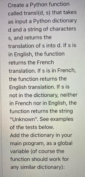 Solved Create a Python function called transl(d, s) that | Chegg.com