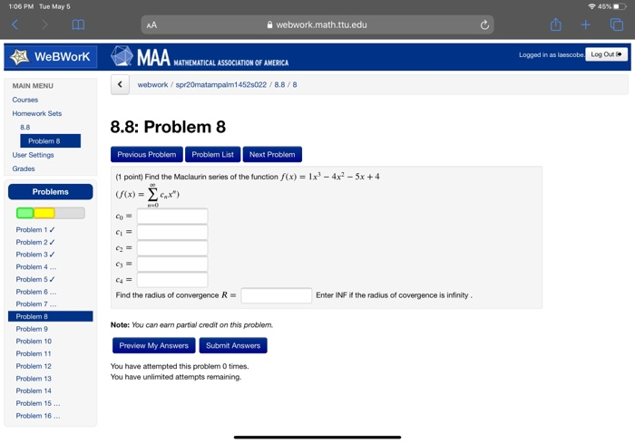 Solved 1:06 PM Tue May 5 45% A webwork.math.ttu.edu WebWork | Chegg.com