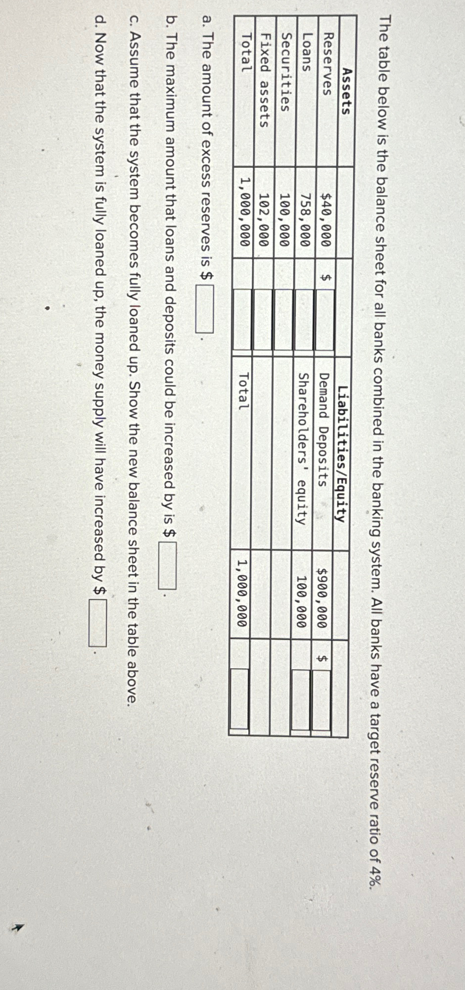 Solved The table below is the balance sheet for all banks | Chegg.com