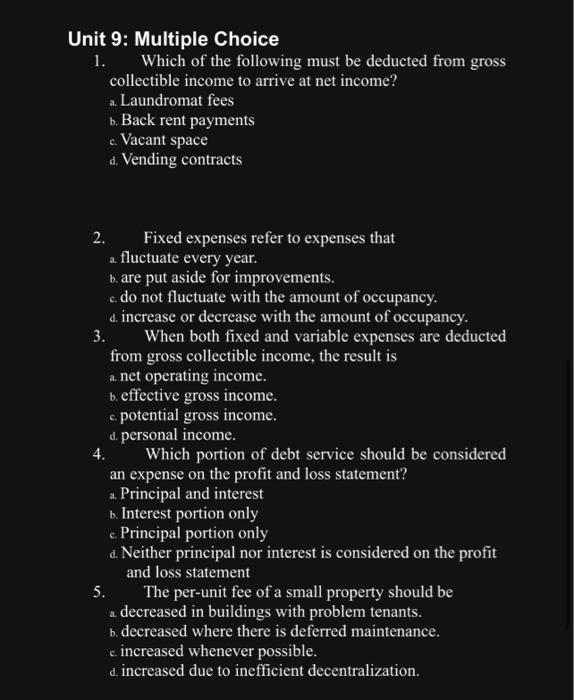 Solved Unit 9: Multiple Choice 1. Which of the following | Chegg.com