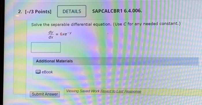 Solved 2. [-/3 Points] DETAILS Solve the separable | Chegg.com