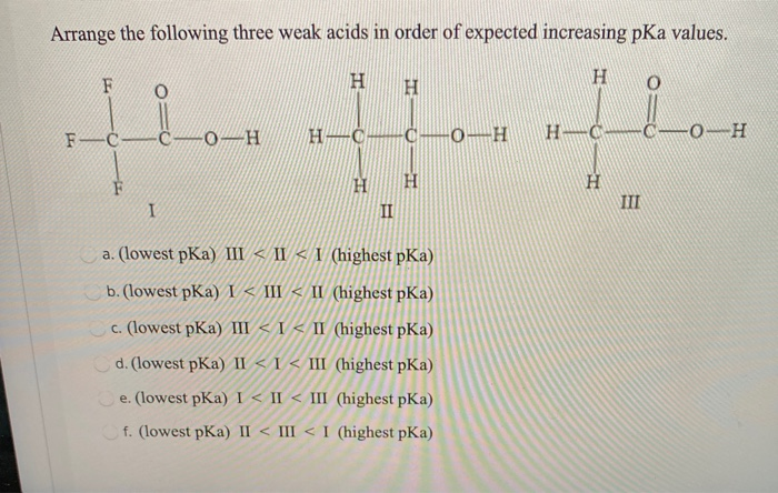 Solved Arrange the following three weak acids in order of | Chegg.com