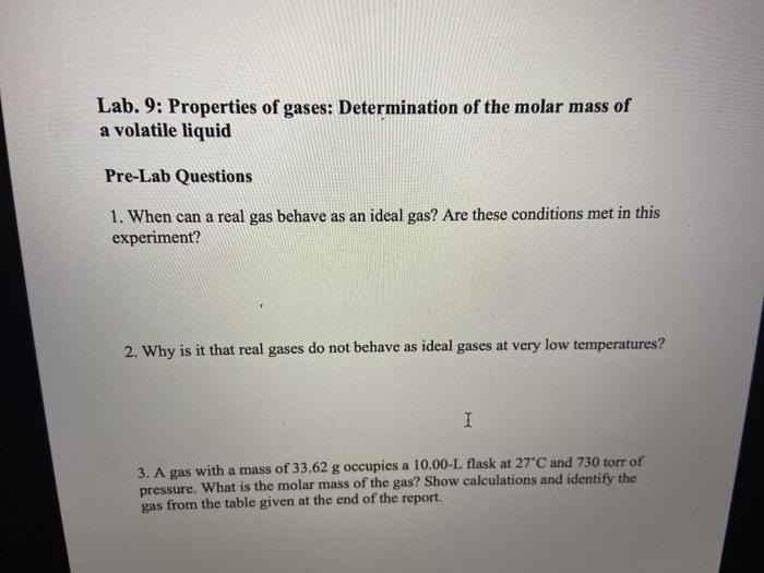 Lab. 9: Properties of gases: Determination of the | Chegg.com