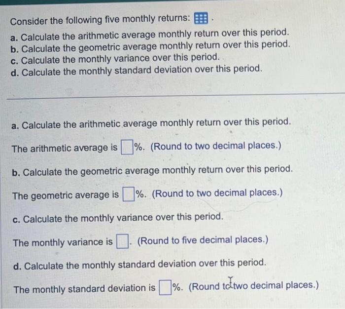 Consider the following five monthly returns: a. | Chegg.com