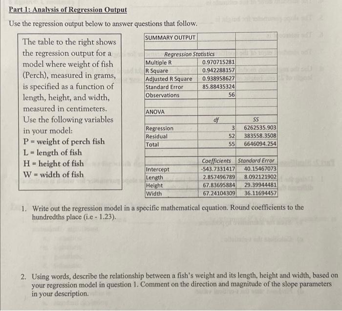 Solved Part 1: Analysis of Regression Output Use the | Chegg.com