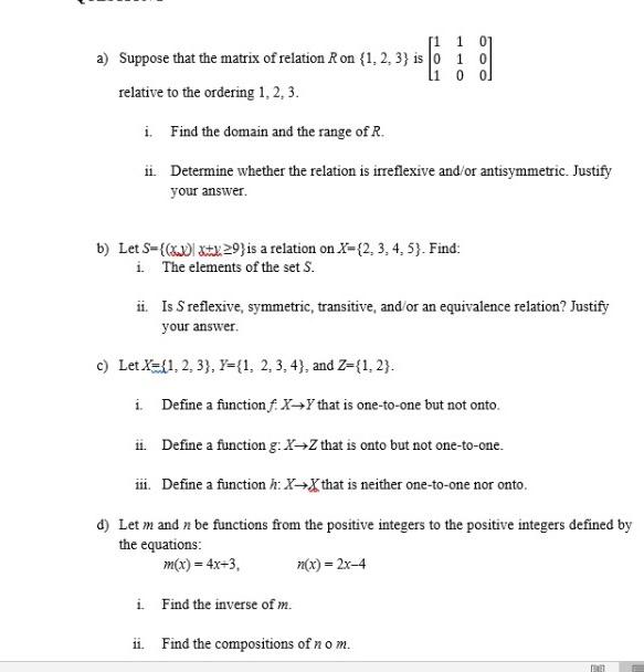Solved 1 0 a) Suppose that the matrix of relation Ron {1, 2, | Chegg.com