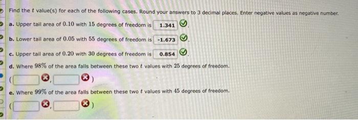 Solved Find the t value(s) for each of the following cases. | Chegg.com