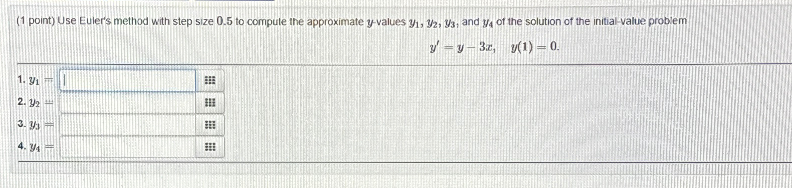Solved (1 ﻿point) ﻿Use Euler's method with step size 0.5 ﻿to | Chegg.com