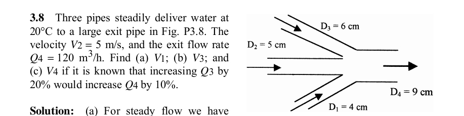 Solved 3.8 ﻿Three pipes steadily deliver water at 20°C ﻿to a | Chegg.com