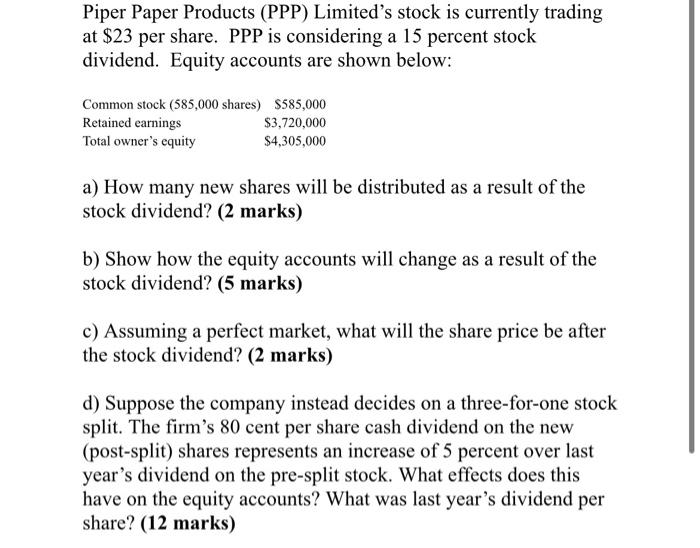 Solved Piper Paper Products (PPP) Limited's stock is | Chegg.com