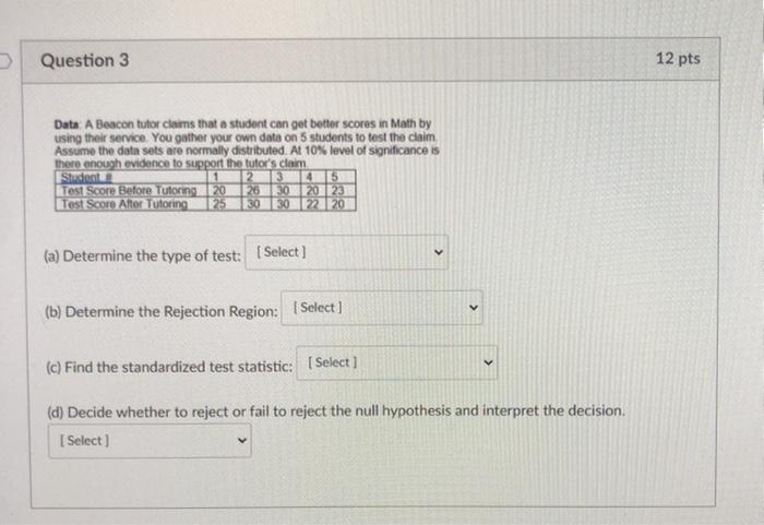 Solved Question 3 12 pts Data A Beacon tutor claims that a | Chegg.com