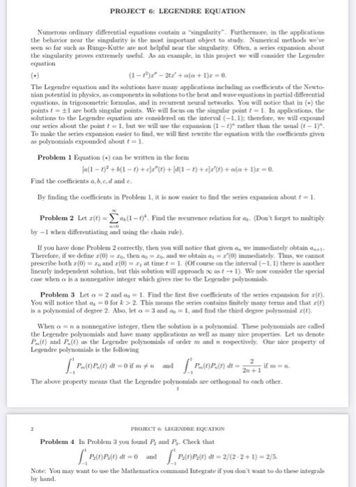 Solved PROJECT 6: LEGENDRE EQUATION Numerous ordinary | Chegg.com