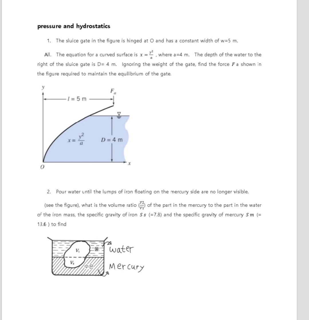 Solved pressure and hydrostatics 1. The sluice gate in the | Chegg.com