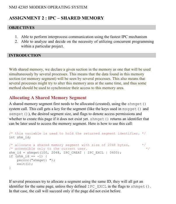 Solved NMJ 42305 MODERN OPERATING SYSTEM ASSIGNMENT 2 : IPC | Chegg.com