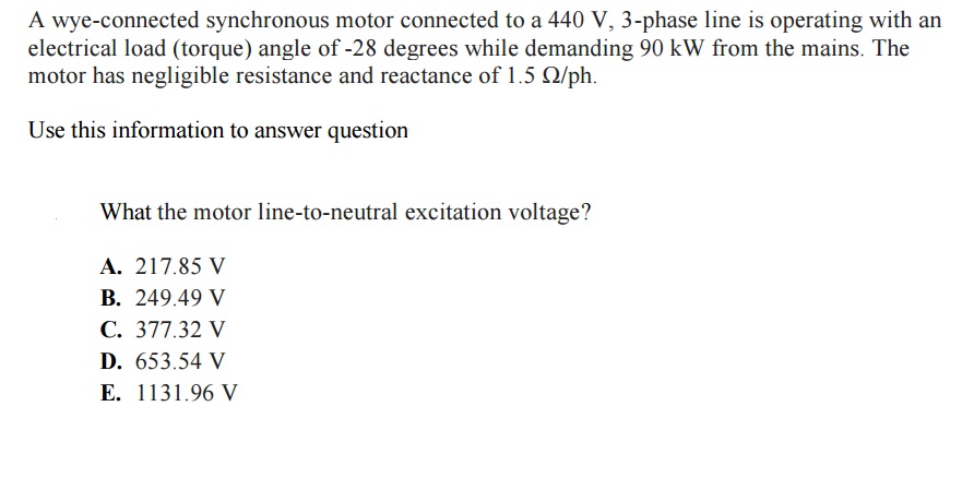 Solved A wye-connected synchronous motor connected to a | Chegg.com