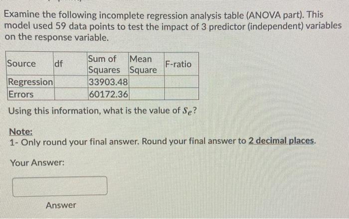 Solved Examine the following incomplete regression analysis | Chegg.com
