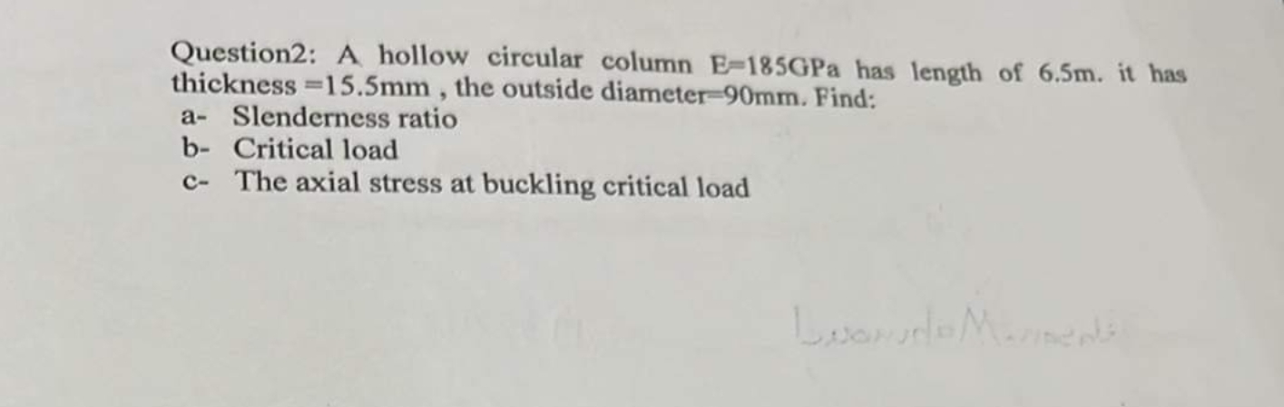 Solved Question2: A hollow circular column E=185GPa has | Chegg.com