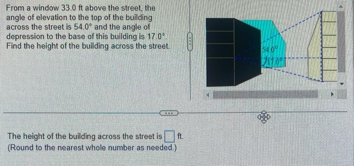 Solved From a window 33.0ft above the street. the angle of | Chegg.com