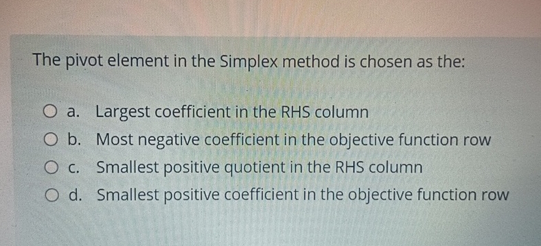 Solved The pivot element in the Simplex method is chosen as | Chegg.com