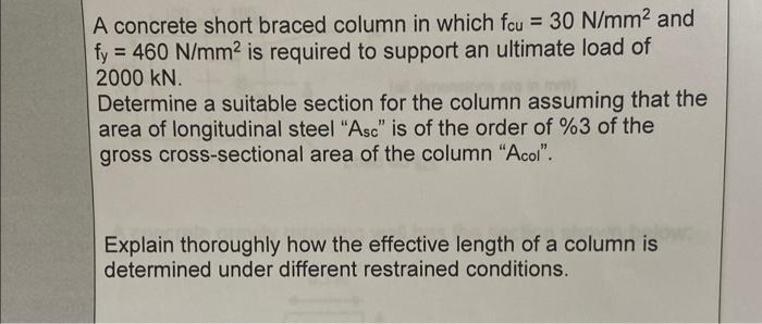Solved A concrete short braced column in which fcu = 30 | Chegg.com