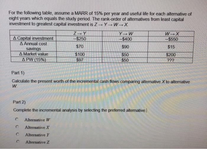 Solved For the following table, assume a MARR of 15% per | Chegg.com