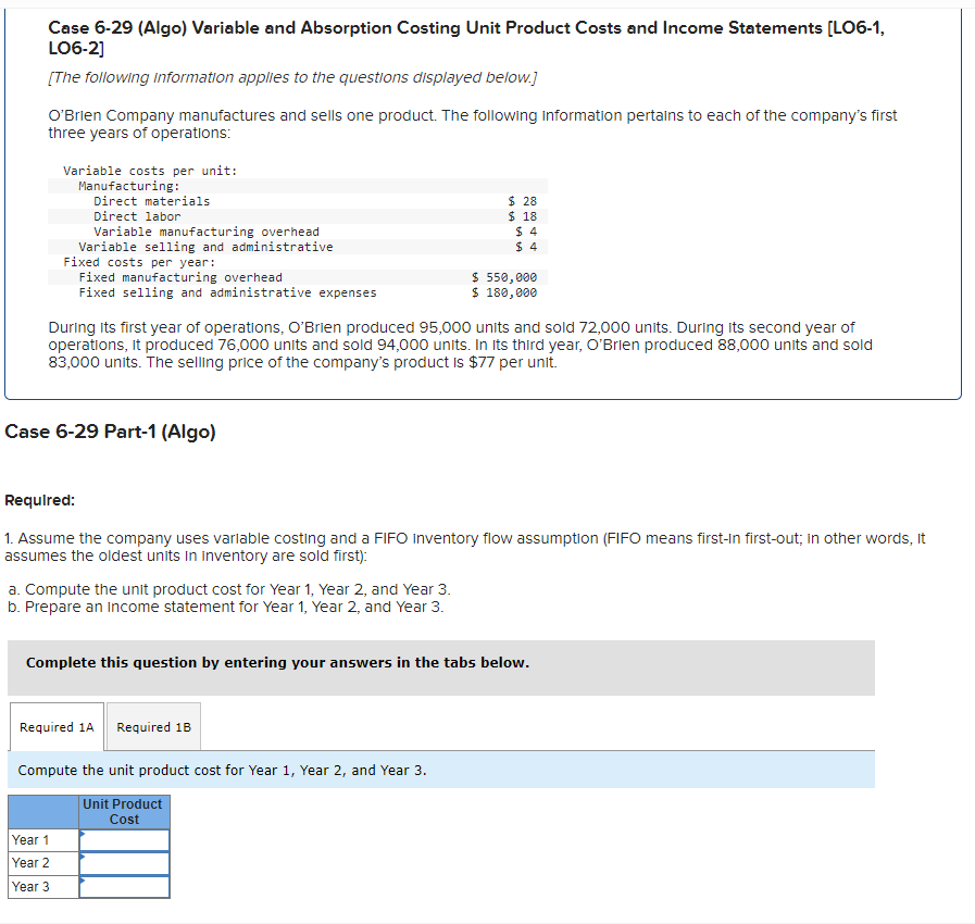 Solved Case 6-29 (Algo) ﻿Variable and Absorption Costing | Chegg.com