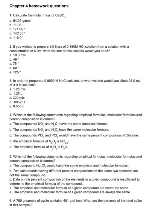 Solved Chapter 4 homework questions 1. Calculate the molar | Chegg.com