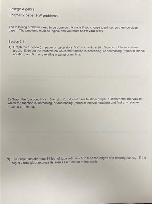 Solved College Algebra Chapter 2 paper HW problems The | Chegg.com