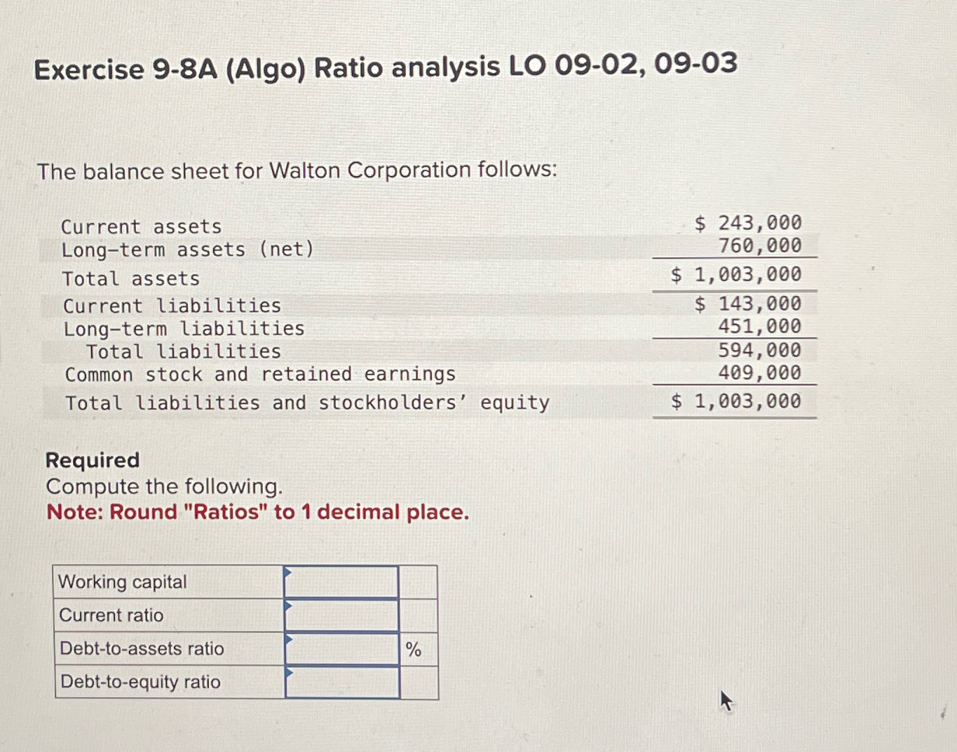 Solved Exercise 9-8A (Algo) ﻿Ratio analysis LO | Chegg.com