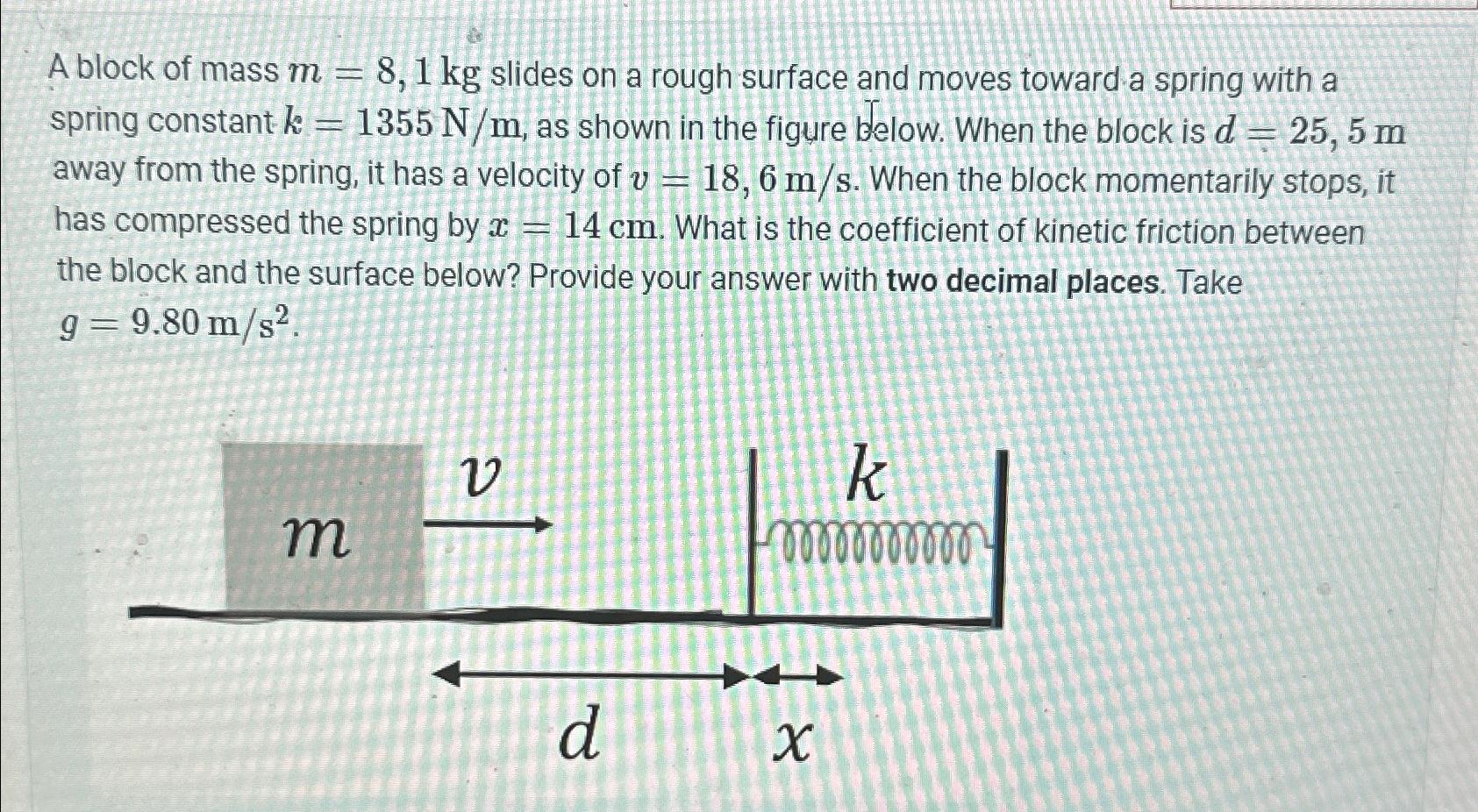 Solved A block of mass m=8,1kg ﻿slides on a rough surface | Chegg.com