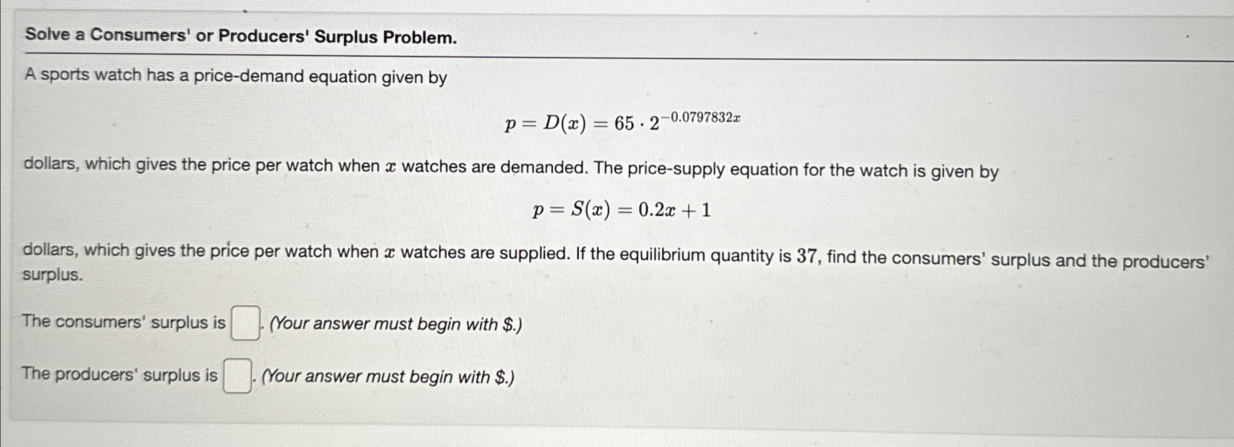Solved Solve a Consumers' or Producers' Surplus Problem.A | Chegg.com