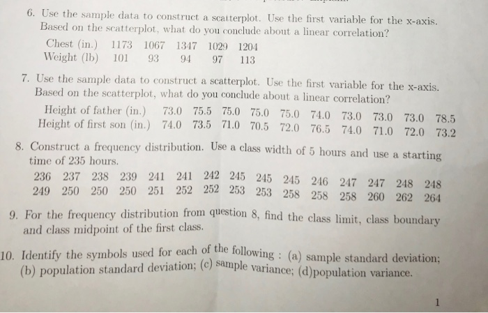 Solved 6. Use the sample data to construct a scatterplot. | Chegg.com