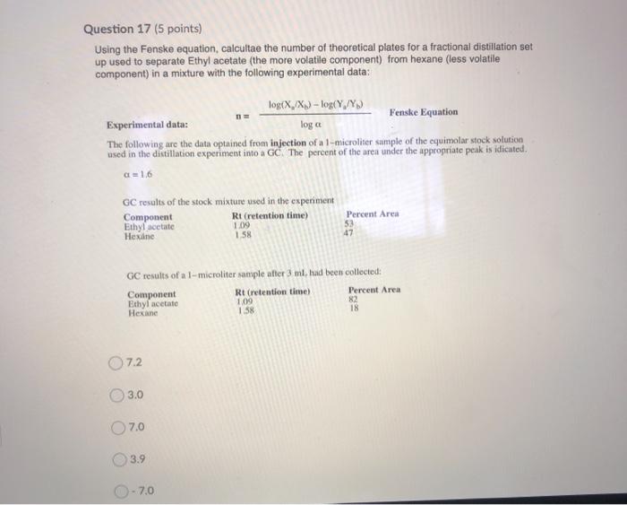 Solved Question 17 (5 points) Using the Fenske equation, | Chegg.com
