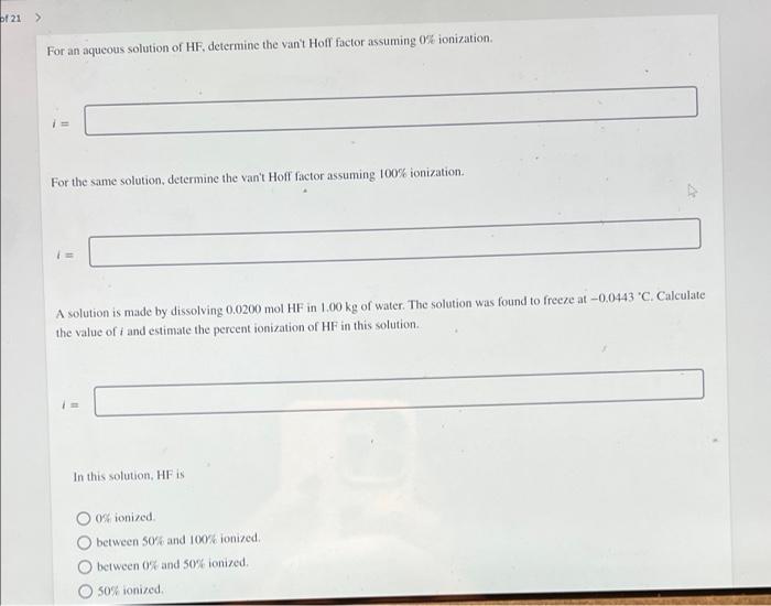 Solved For an aqueous solution of HF, determine the van't | Chegg.com