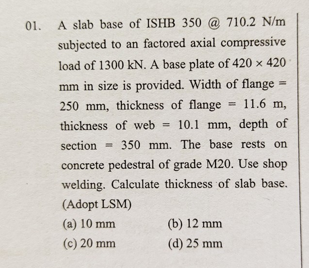 Solved 01. == 11.6 m, A slab base of ISHB 350 @ 710.2 N/m | Chegg.com