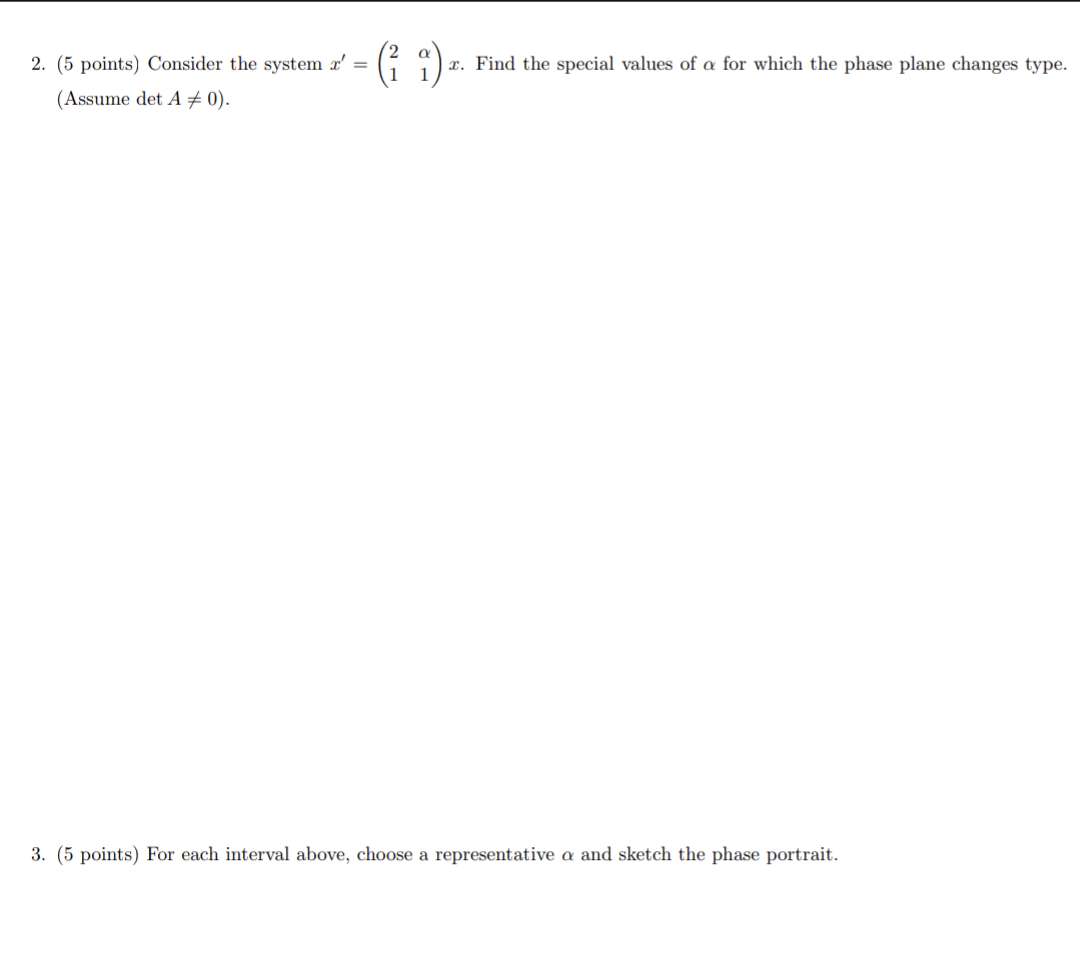 Solved (5 ﻿points) ﻿Consider the system x'=([2,α],[1,1])x. | Chegg.com