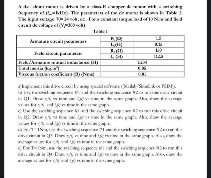 A d.c. shunt motor is driven by a class-E chopper dc | Chegg.com