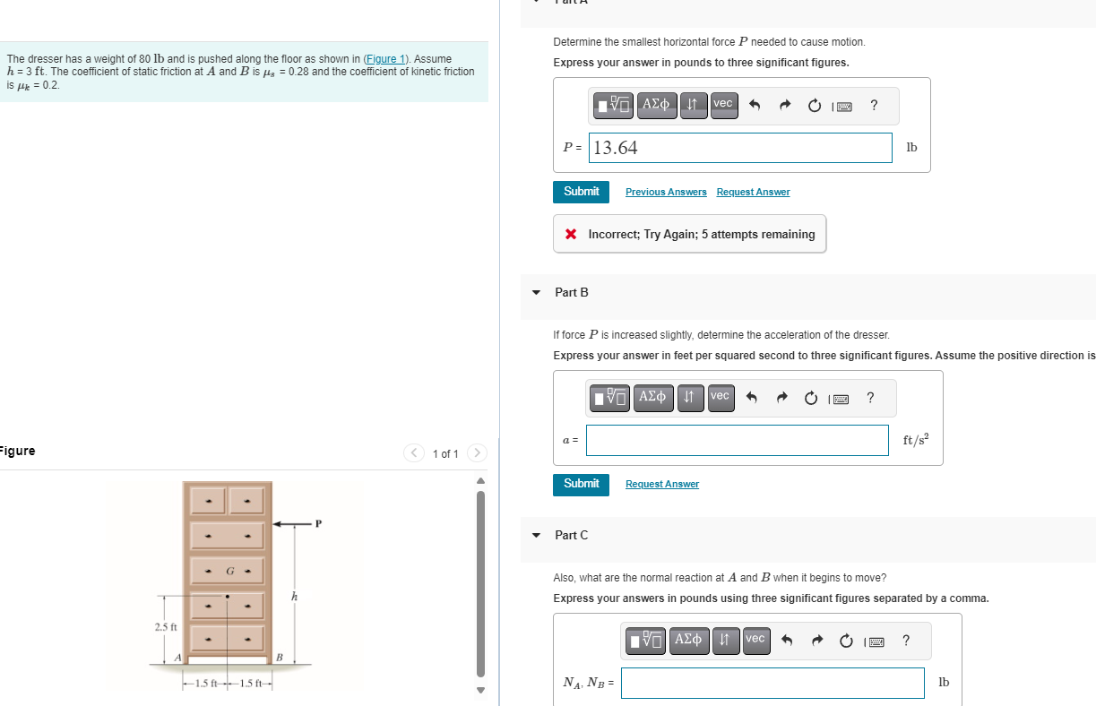 Solved The dresser has a weight of 80 ﻿lb and is pushed | Chegg.com