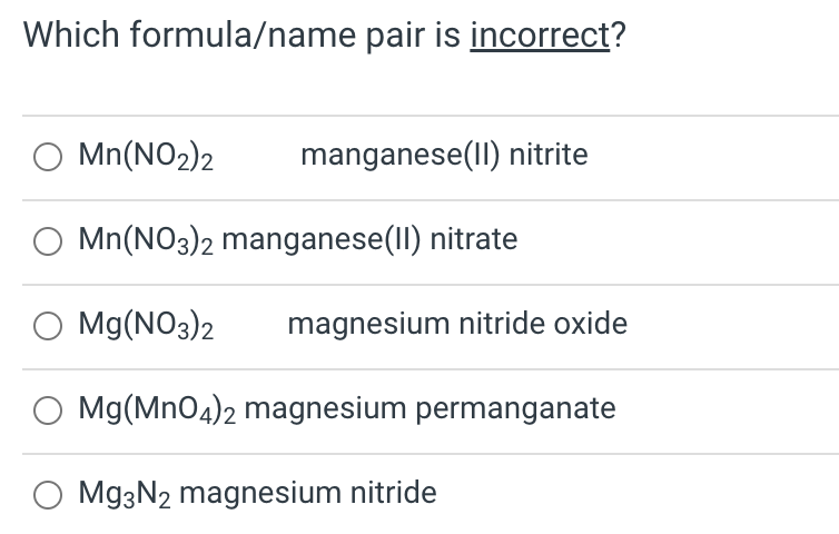 Solved Which formula/name pair is incorrect?Mn(NO2)2, | Chegg.com