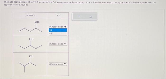 The base peak appears at m/z59 for one of the | Chegg.com