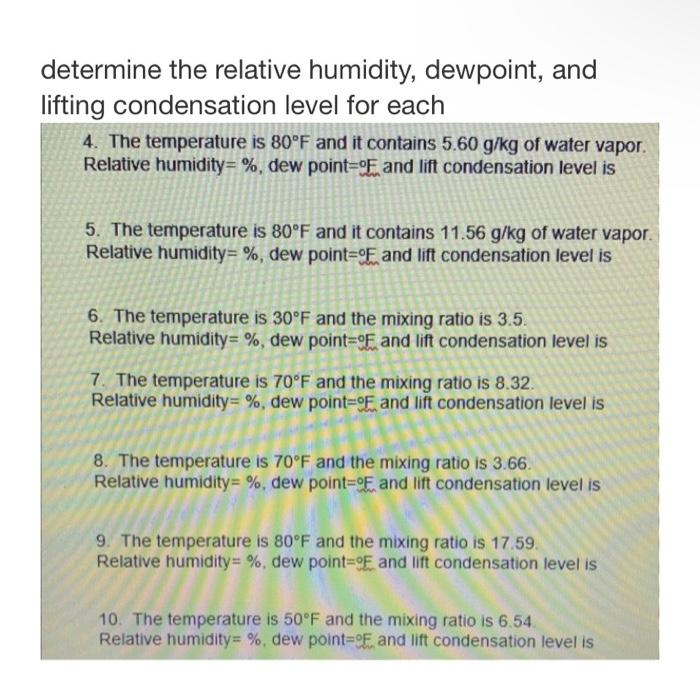 determine the relative humidity, dewpoint, and ifting | Chegg.com