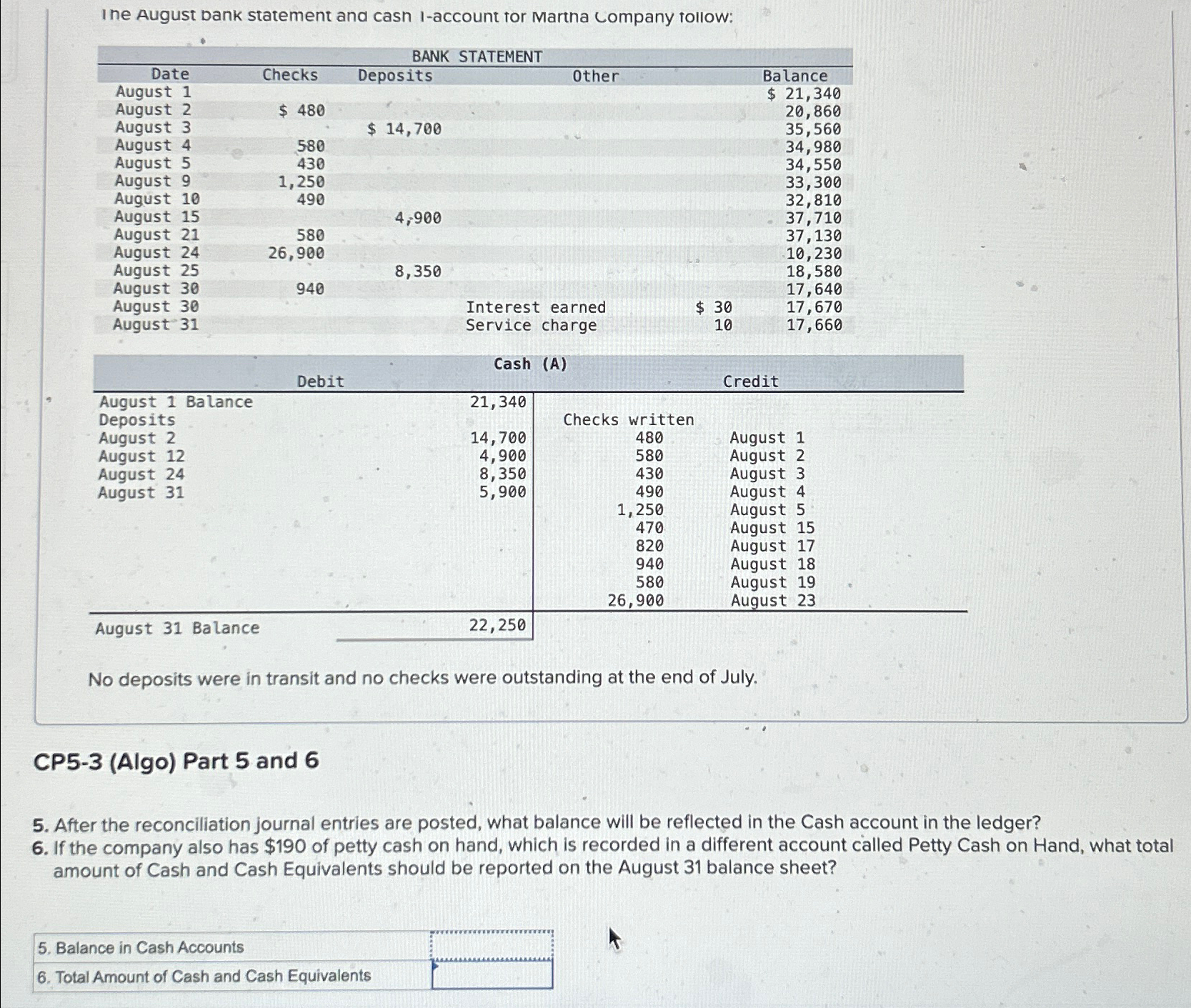 I ne August bank statement and casn I-account for | Chegg.com
