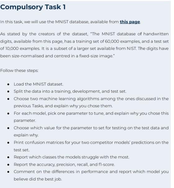 Solved Compulsory Task 1 n this task, we will use the MNiST | Chegg.com
