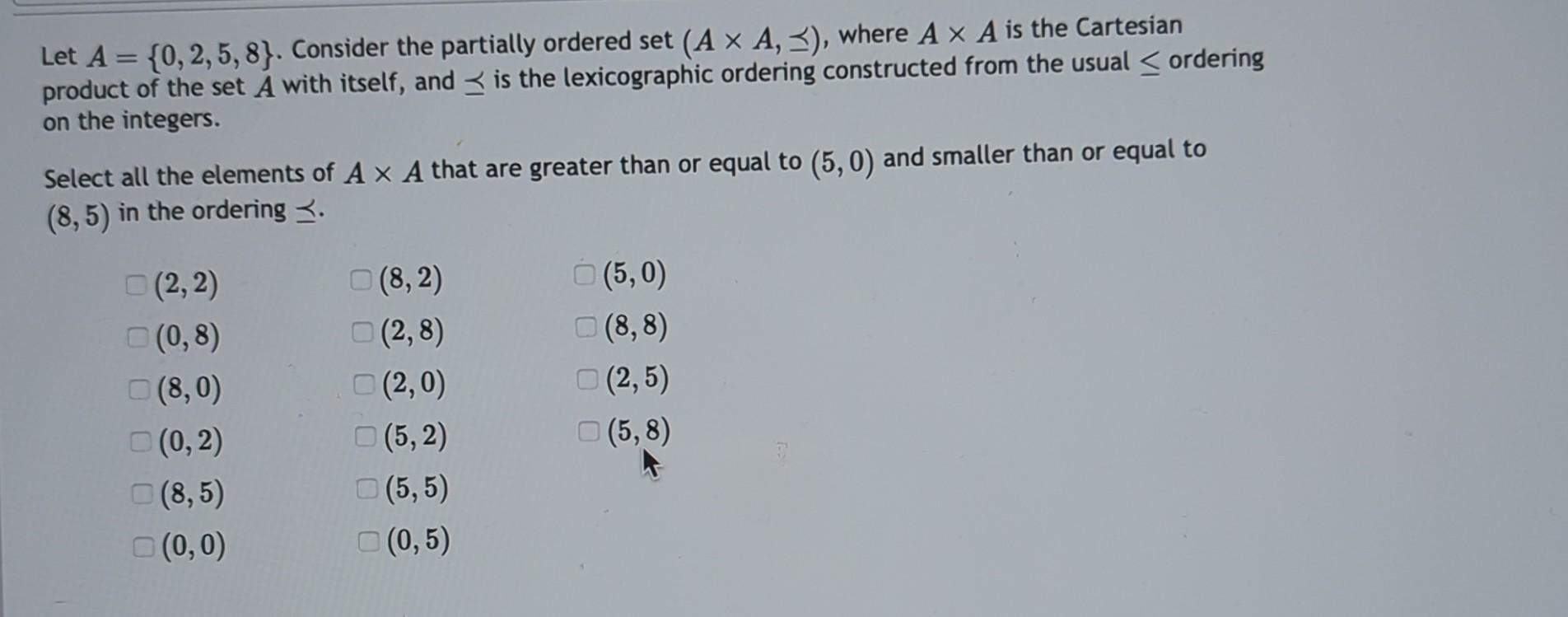 Solved Let A={0,2,5,8}. Consider the partially ordered set | Chegg.com