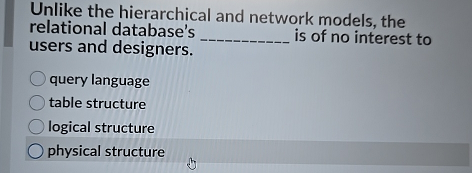 Solved Unlike the hierarchical and network models, the | Chegg.com